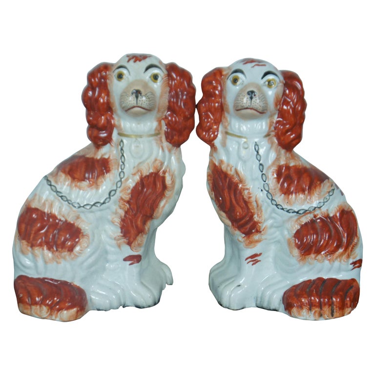 2 Antique English Staffordshire Porcelain King Charles Spaniels ...