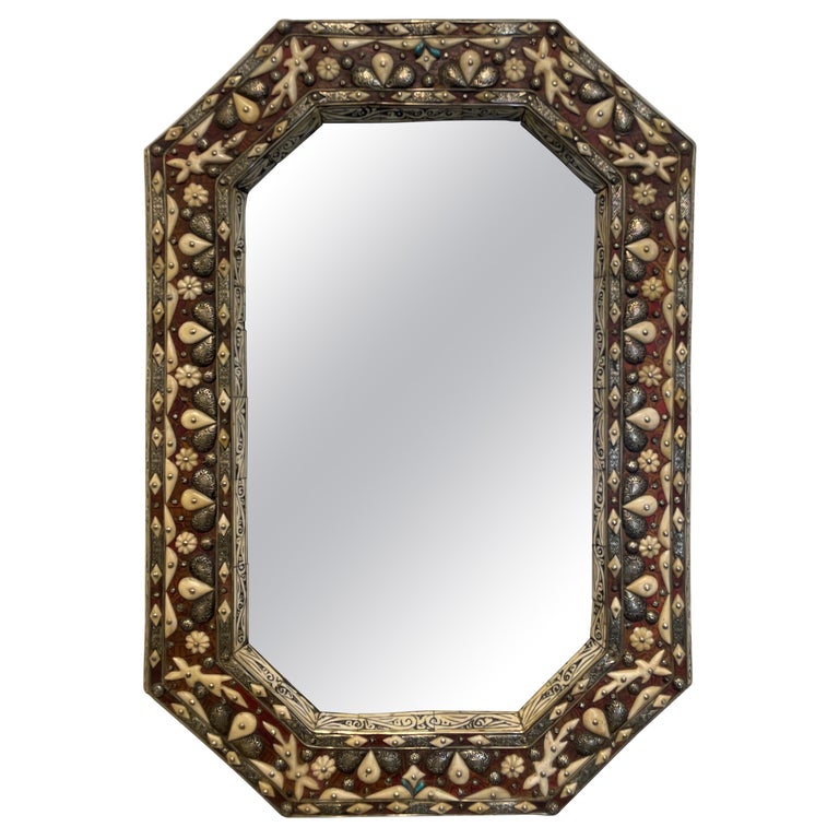 Vintage Bone, Silver and Turquoise Octagon Shaped Mirror at 1stDibs