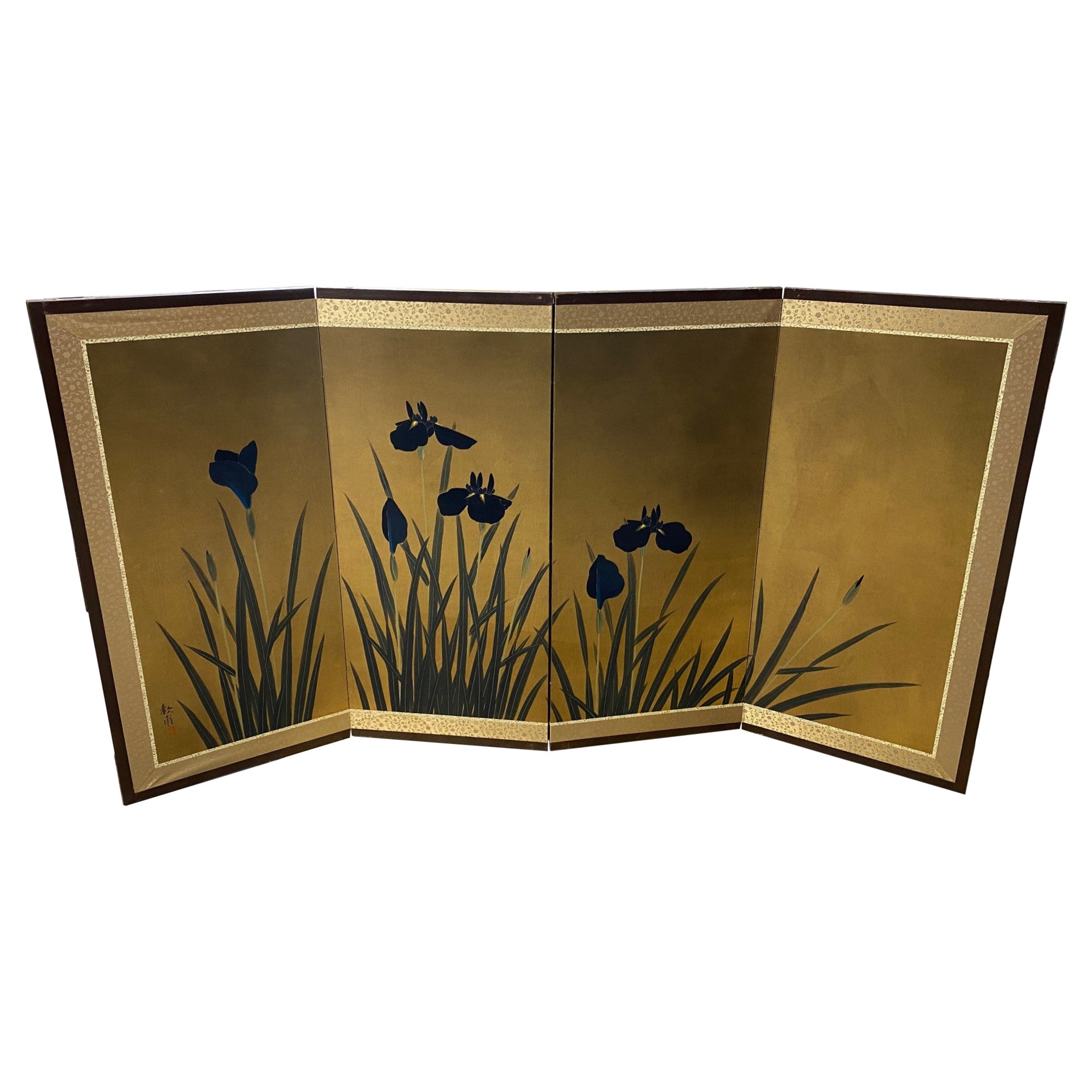 Japanese Two Panel Screen: Irises on Gold For Sale at 1stDibs