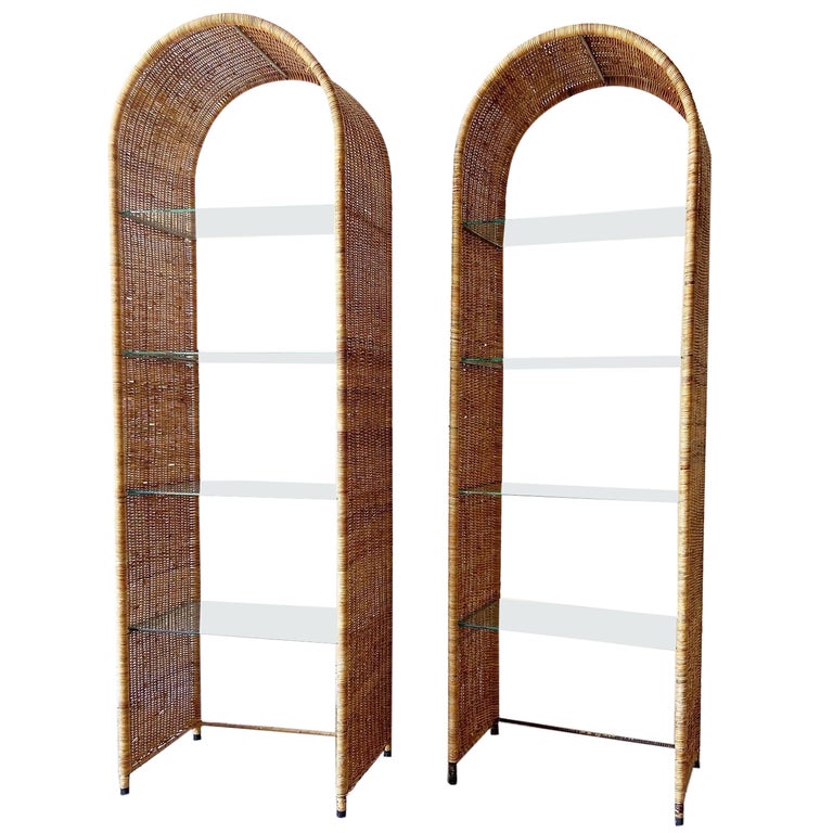 Vintage Boho Chic Wicker Etageres with Glass Shelves, a Pair For Sale ...
