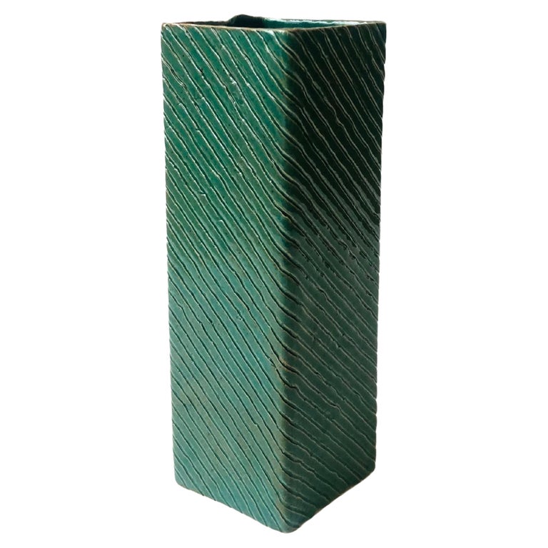 Vintage Carved Rectangular Green Studio Pottery Vase For Sale at 1stDibs