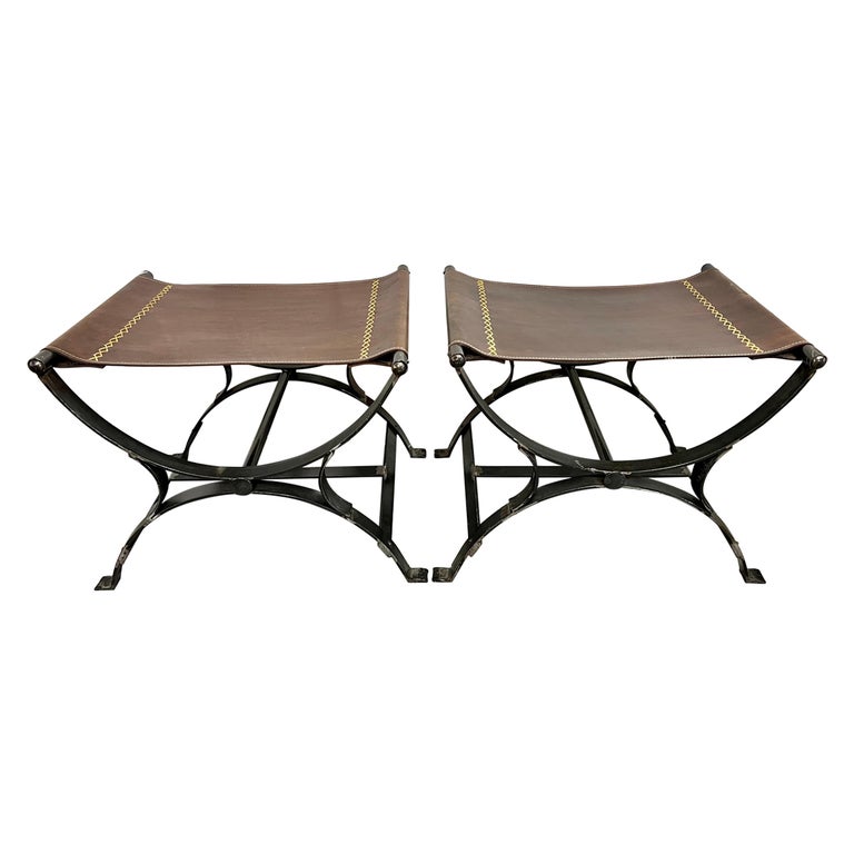 Leather and Iron Campaign X-base Benches Stools For Sale at 1stDibs