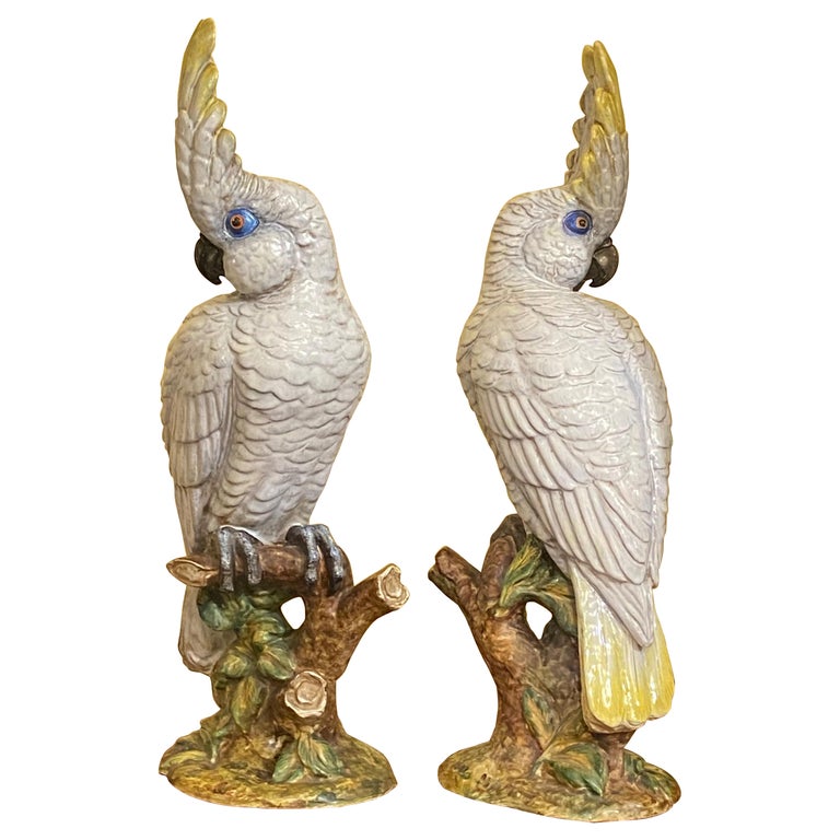 Pair of Italian Life Size Ceramic Cockatoo Sculptures, Mid 20th Century ...