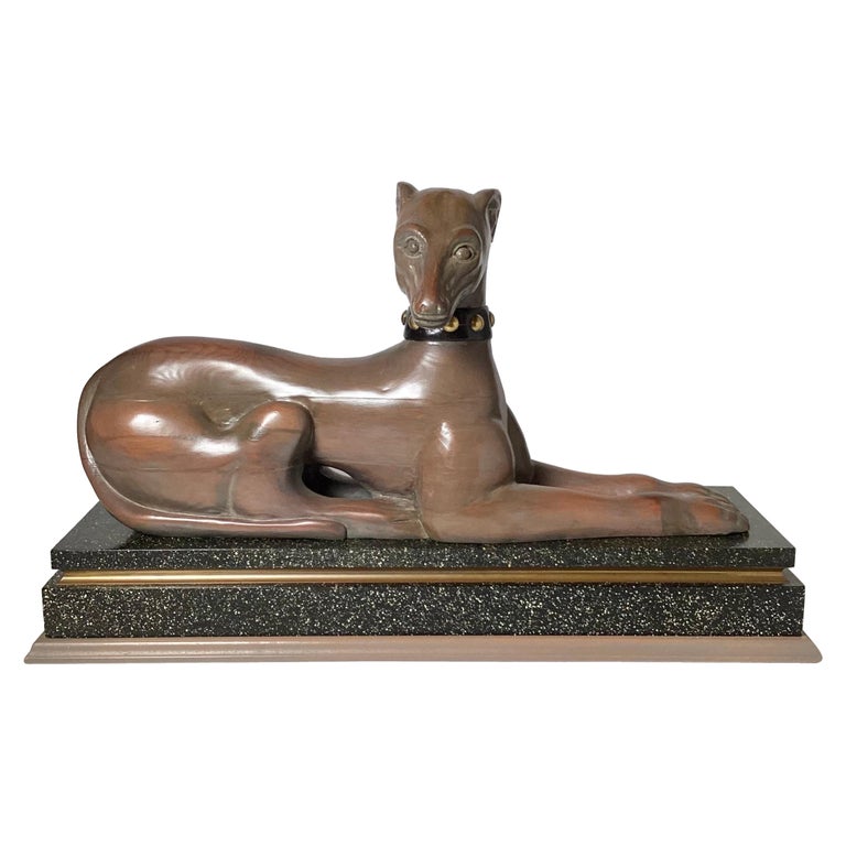MId Century Hand Carved Wood Whippet Sculpture on Base For Sale at 1stDibs