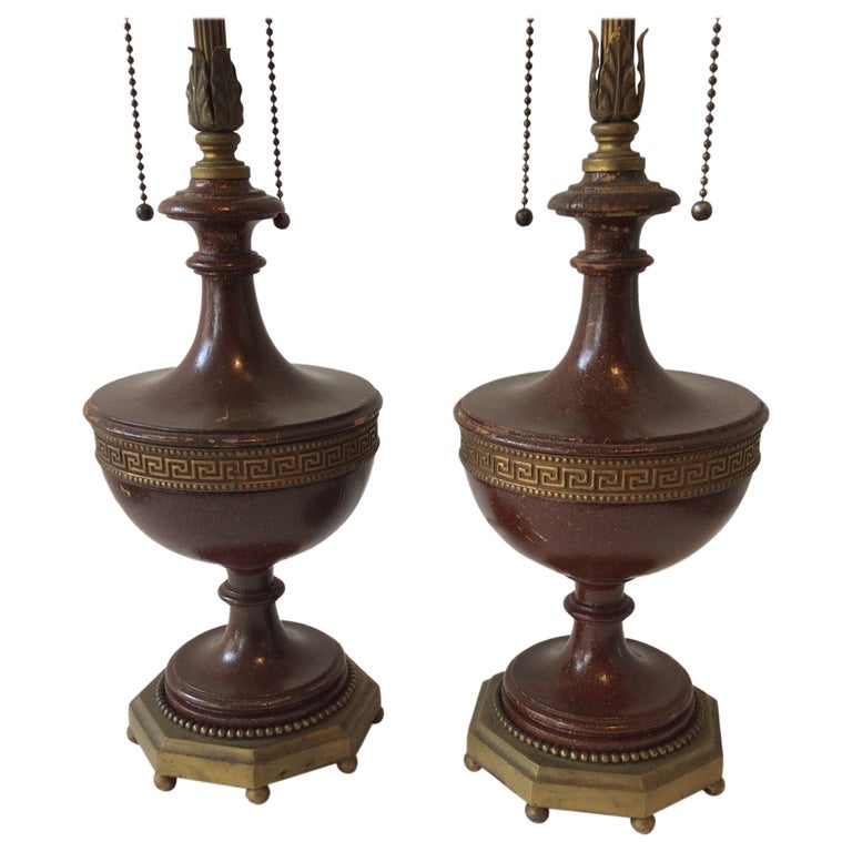 Pair of 1920s Wood Greek Key Lamps For Sale at 1stDibs