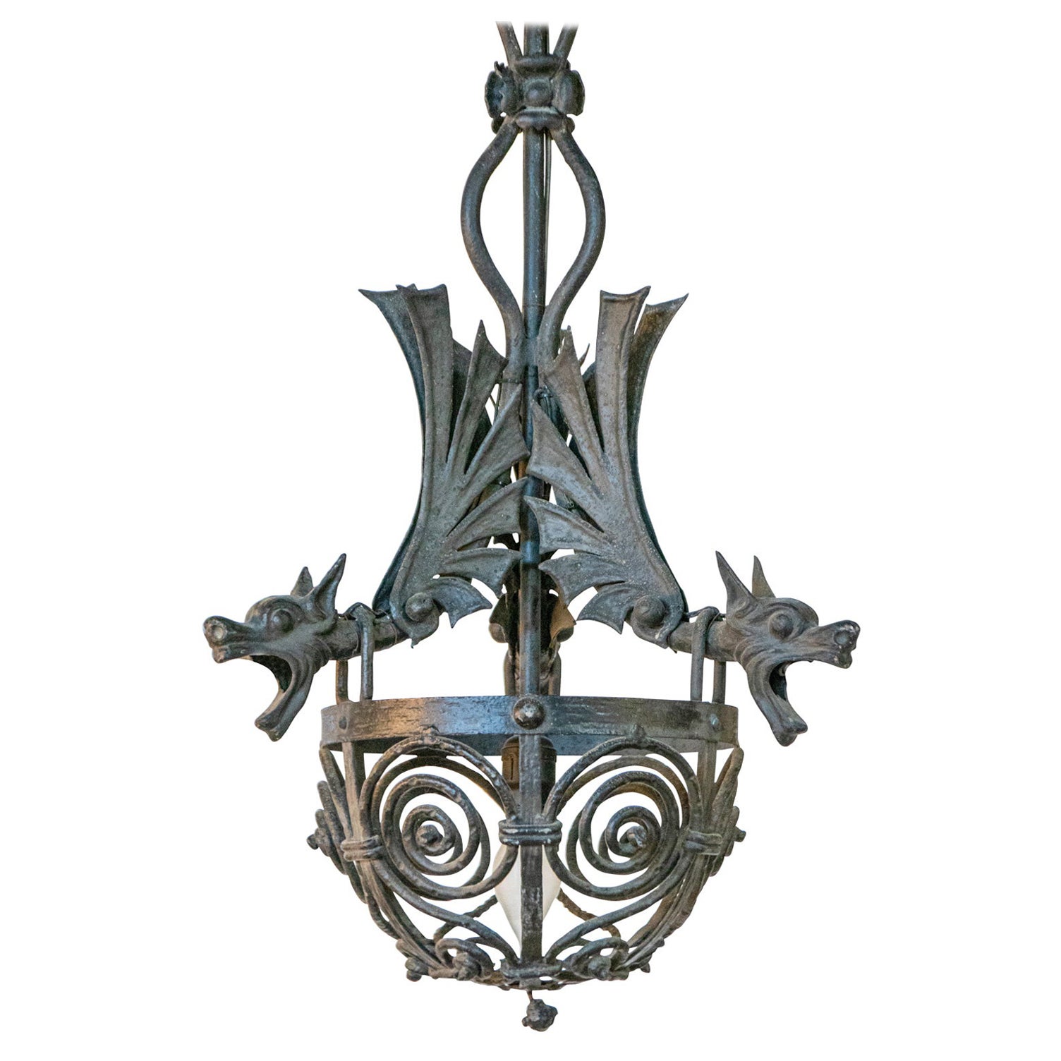 Large Gothic Revival Bronze and Two Tone Amber Glass Angular Pendant ...