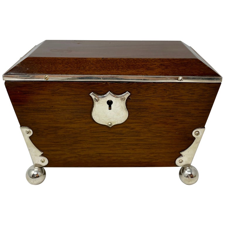 Antique English Victorian Mahogany Tea Caddy with Silver-Plated Mounts ...
