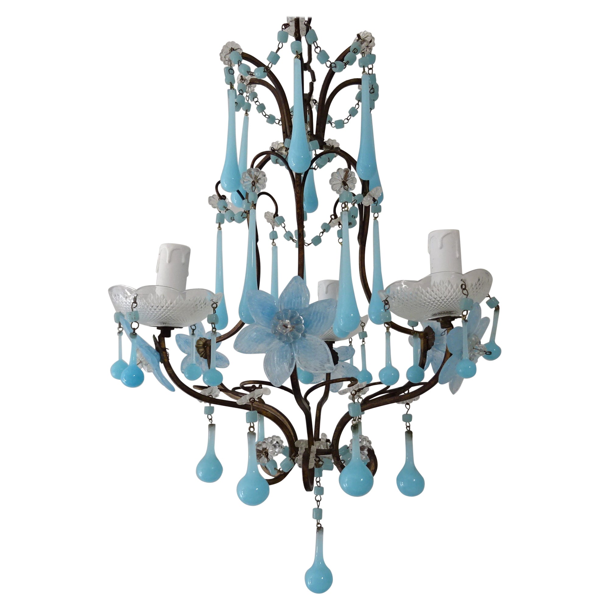 French Blue Opaline Drops and Beads Petit Chandelier Vintage at 1stDibs