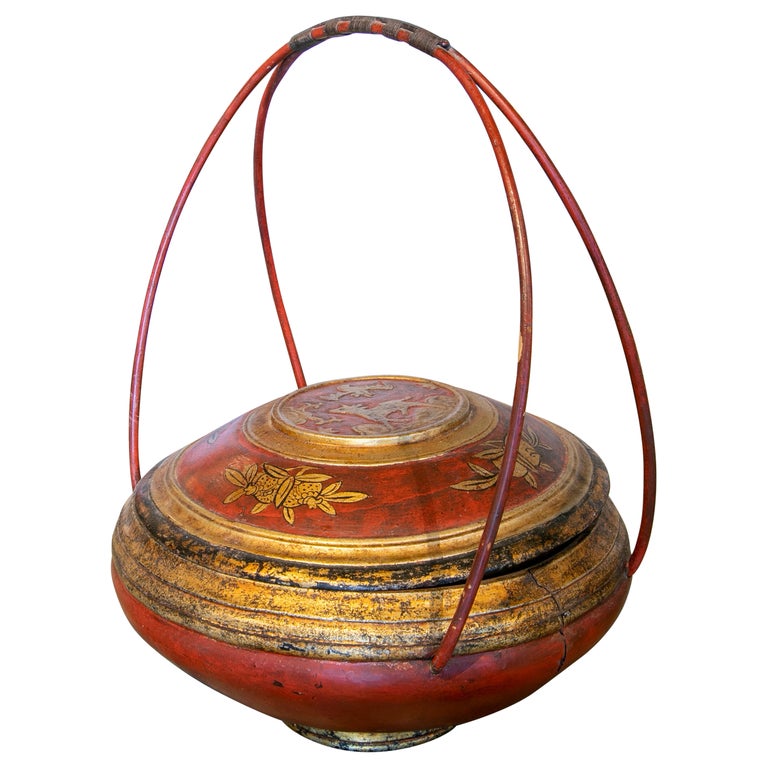Chinese Hand Painted Food Basket with Bamboo Handles at 1stDibs