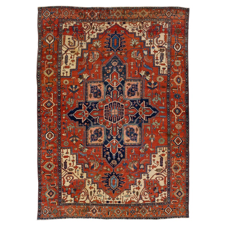 Rust Antique Persian Serapi Handmade Medallion Wool Rug For Sale at 1stDibs