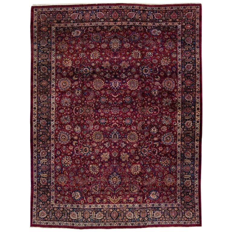 Antique Mashad Red Handmade Rosette Motif Persian Wool Rug For Sale at ...