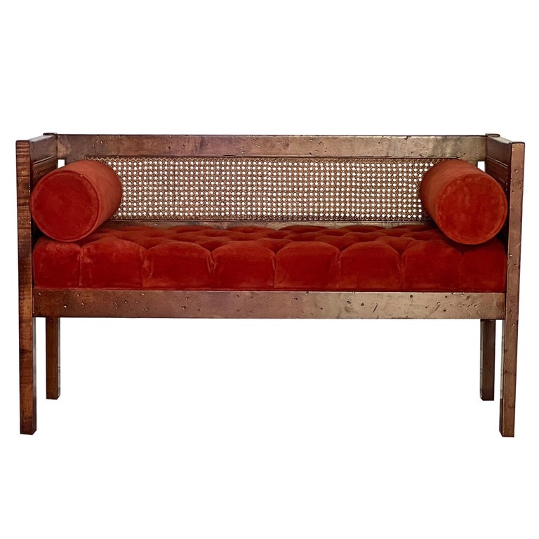 Vintage Midcentury Upholstered Cane Parlor Bench at 1stDibs