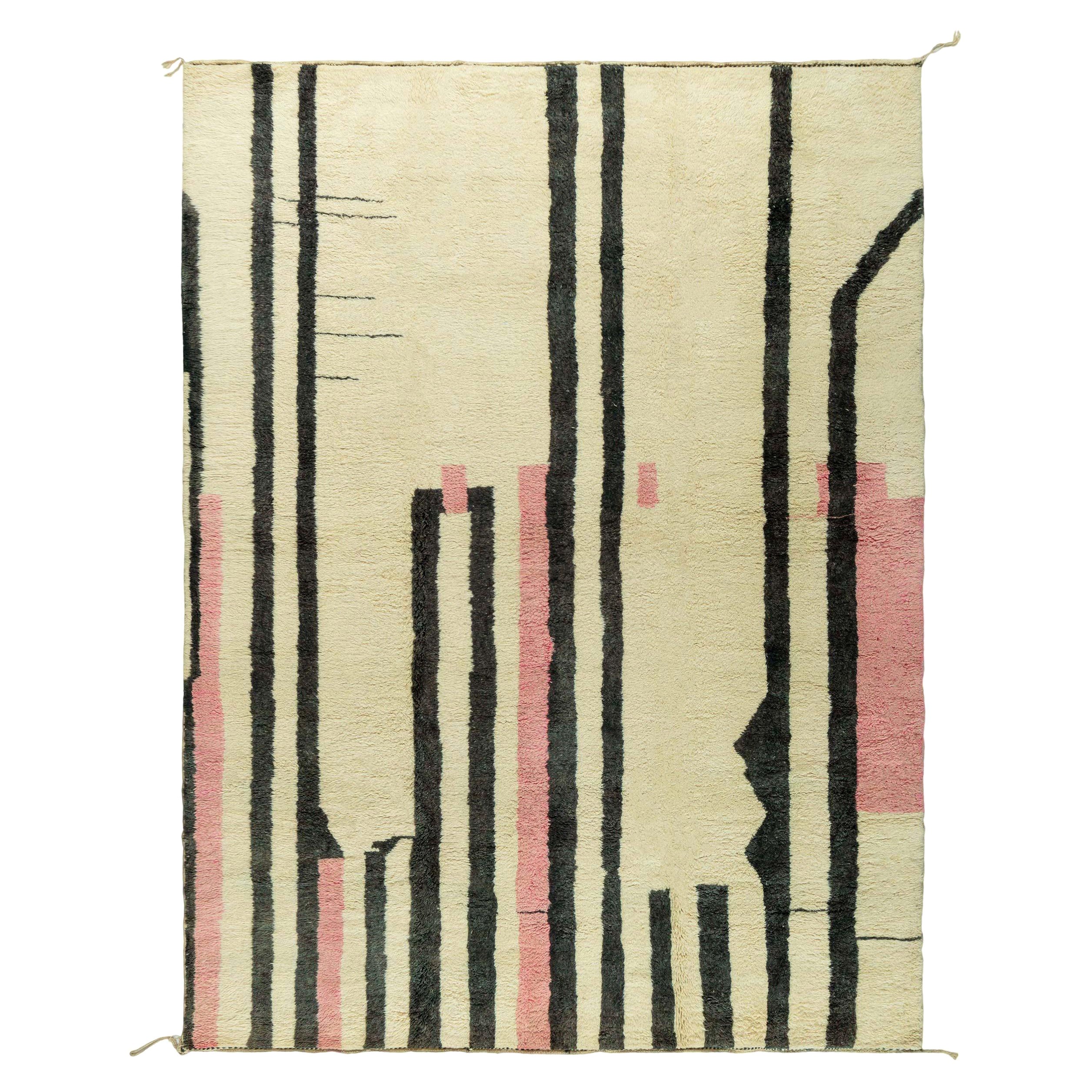 Modern Moroccan Handmade Charcoal Wool Rug with Abstract Design For ...