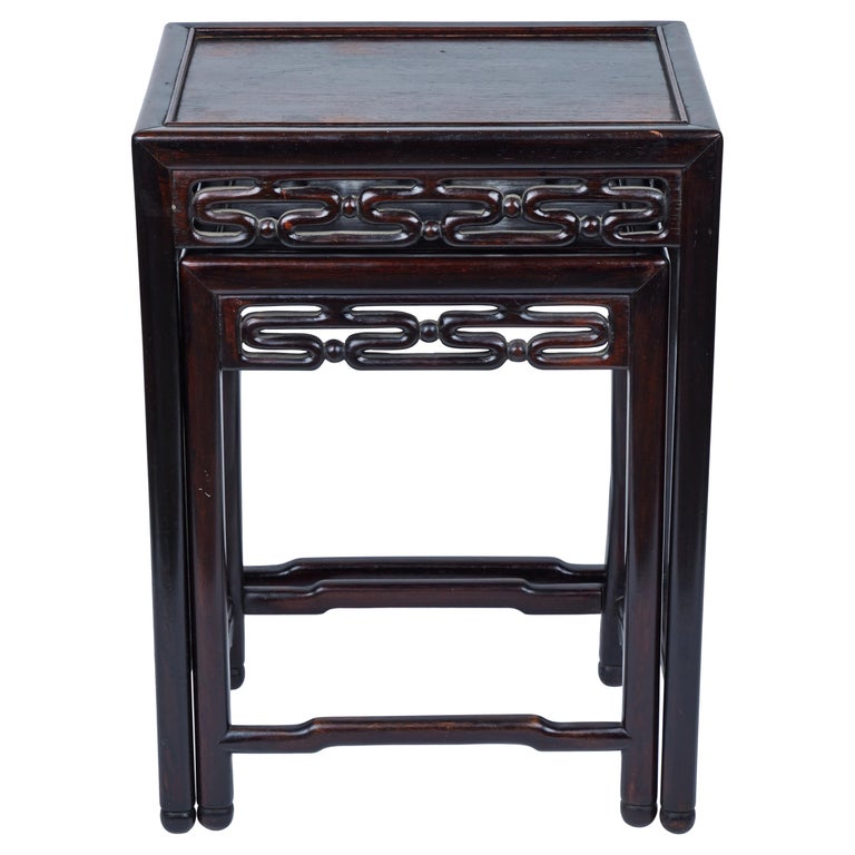 Vintage Wood Nesting Tables with Asian Motif For Sale at 1stDibs