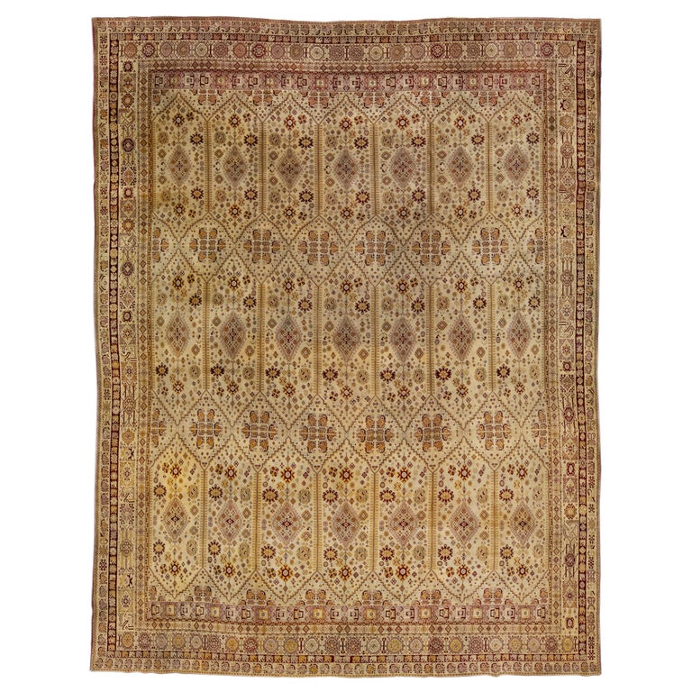 Antique Indian Agra Handmade Allover Designed Tan Wool Rug For Sale at ...