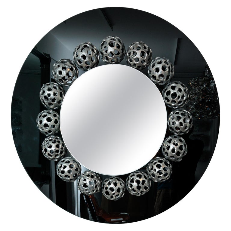 Round Mirror with 17 Metal Perforated Orbs on Black Glass For Sale at ...