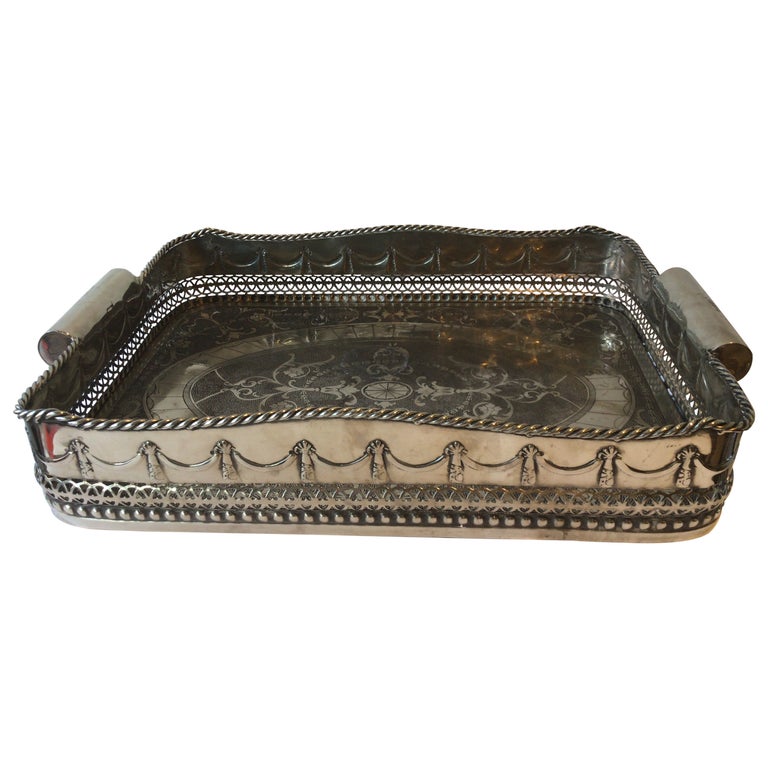 Silver Plate Tray with High Gallery For Sale at 1stDibs