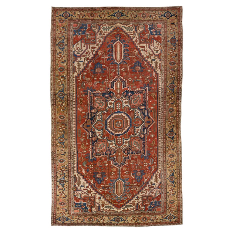 Rust Antique Persian Serapi Handmade Medallion Wool Rug For Sale at 1stDibs