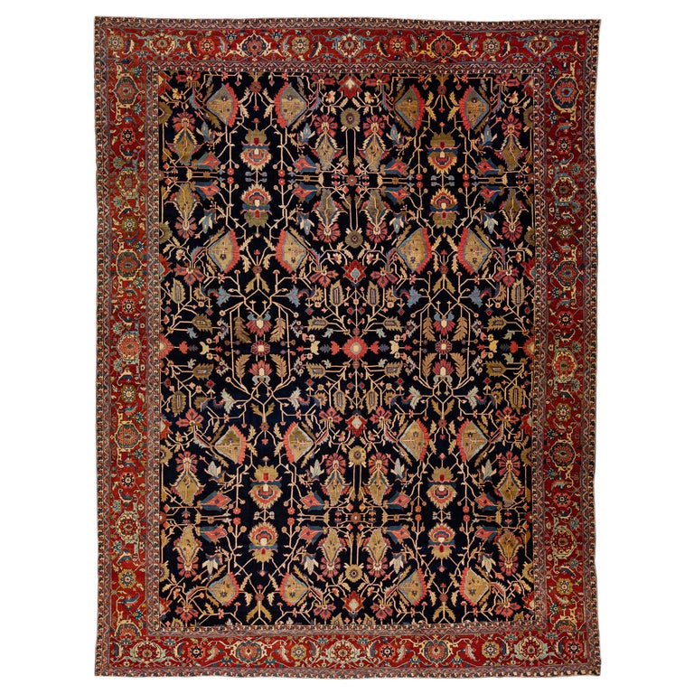 Dark Blue Antique Persian Serapi Handmade Allover Motif Wool Rug For ...