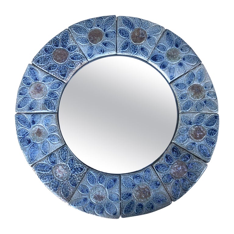 Mid-Century French Ceramic Blue Tiles Floral Mirror For Sale at 1stDibs