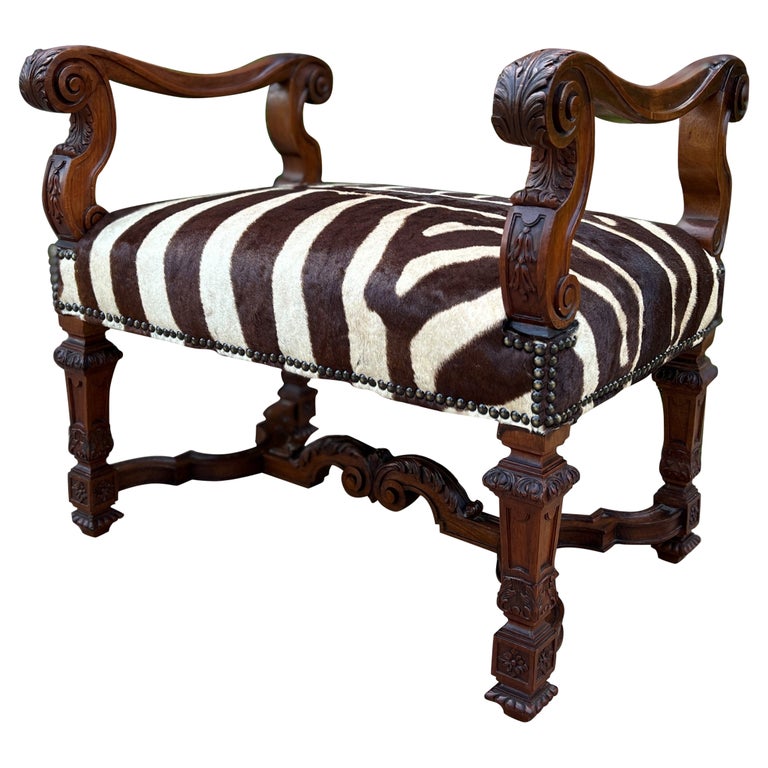 Antique French Bench Chair Settee Renaissance Revival Zebra Hide Walnut 19th C For Sale at 1stDibs