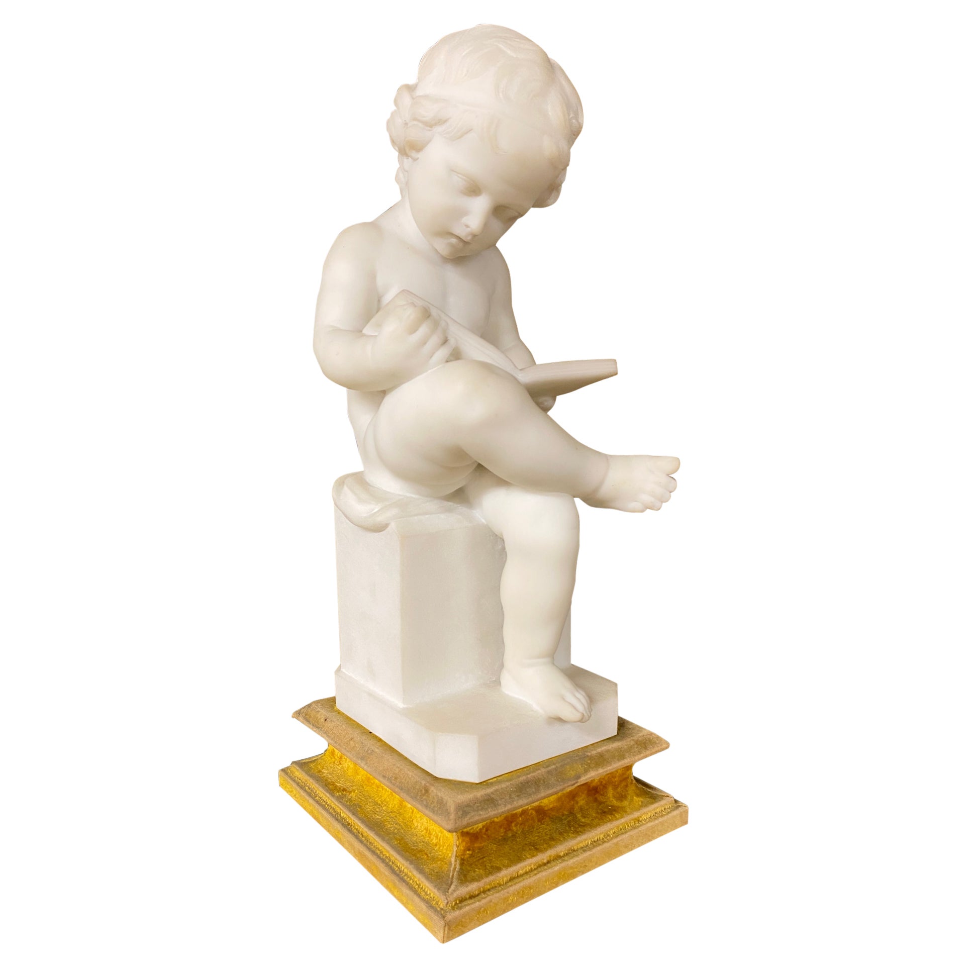 Italian 19th Century White Carrara Marble Statue of a Young Boy with ...