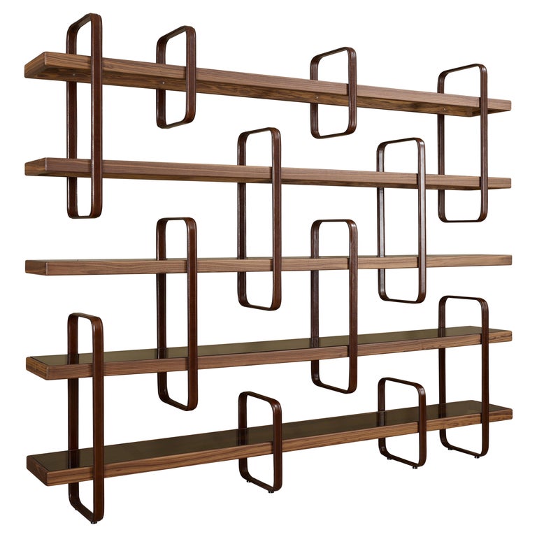 Walnut Wood, Leather, Metal, Harmony Bookcase For Sale at 1stDibs