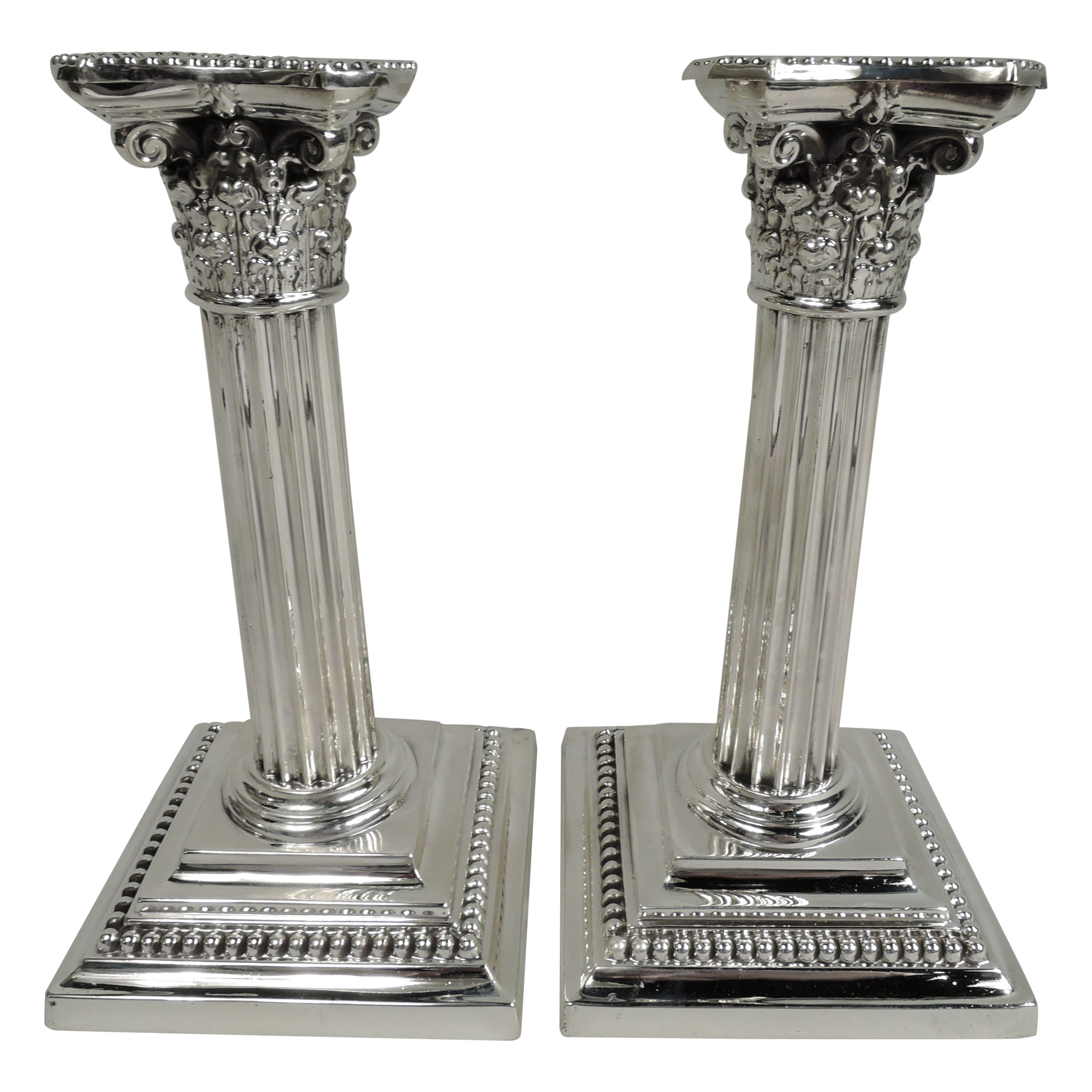 Edwardian Pair of Sterling Silver Corinthian Column Candlesticks at 1stDibs