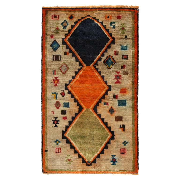 Vintage Gabbeh Tribal Rug Beige and Orange, Black Lozenge Pattern by ...