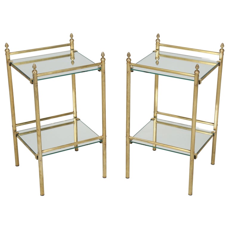 French Mid-Century Modern Matched Pair of Brass and Mirror End Tables ...