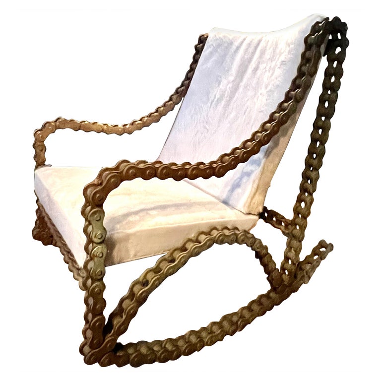 Industrial Chain Rocking Chair with Pony Skin Cushions For Sale at 1stDibs