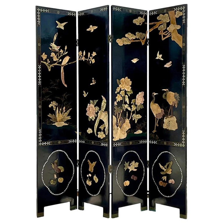 Vintage Asian Chinese Lacquered Four Panel Folding Screen For Sale at ...