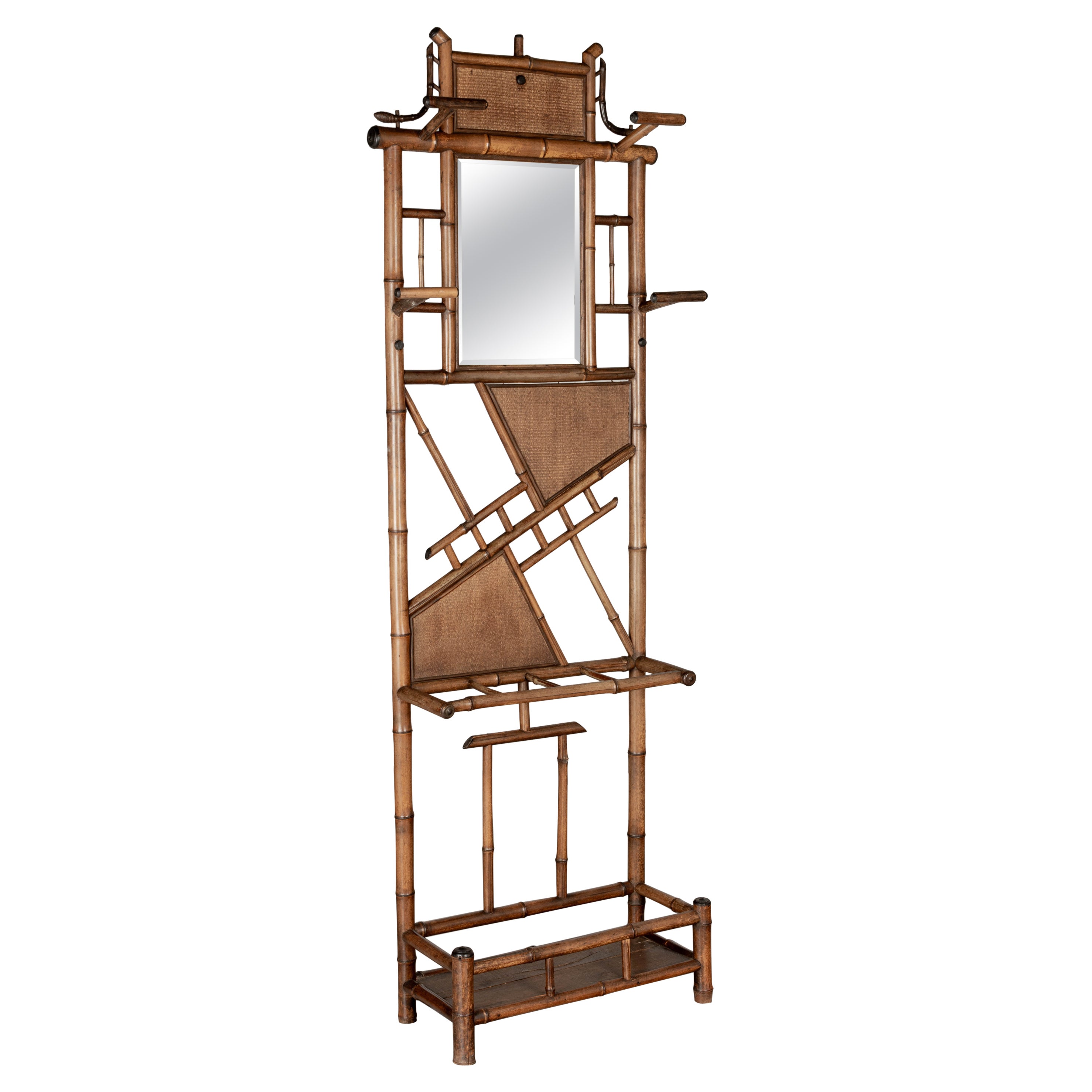 19th-C. English Burnt Bamboo Hall Tree W/ Mirror / Coat Rack / Umbrella ...