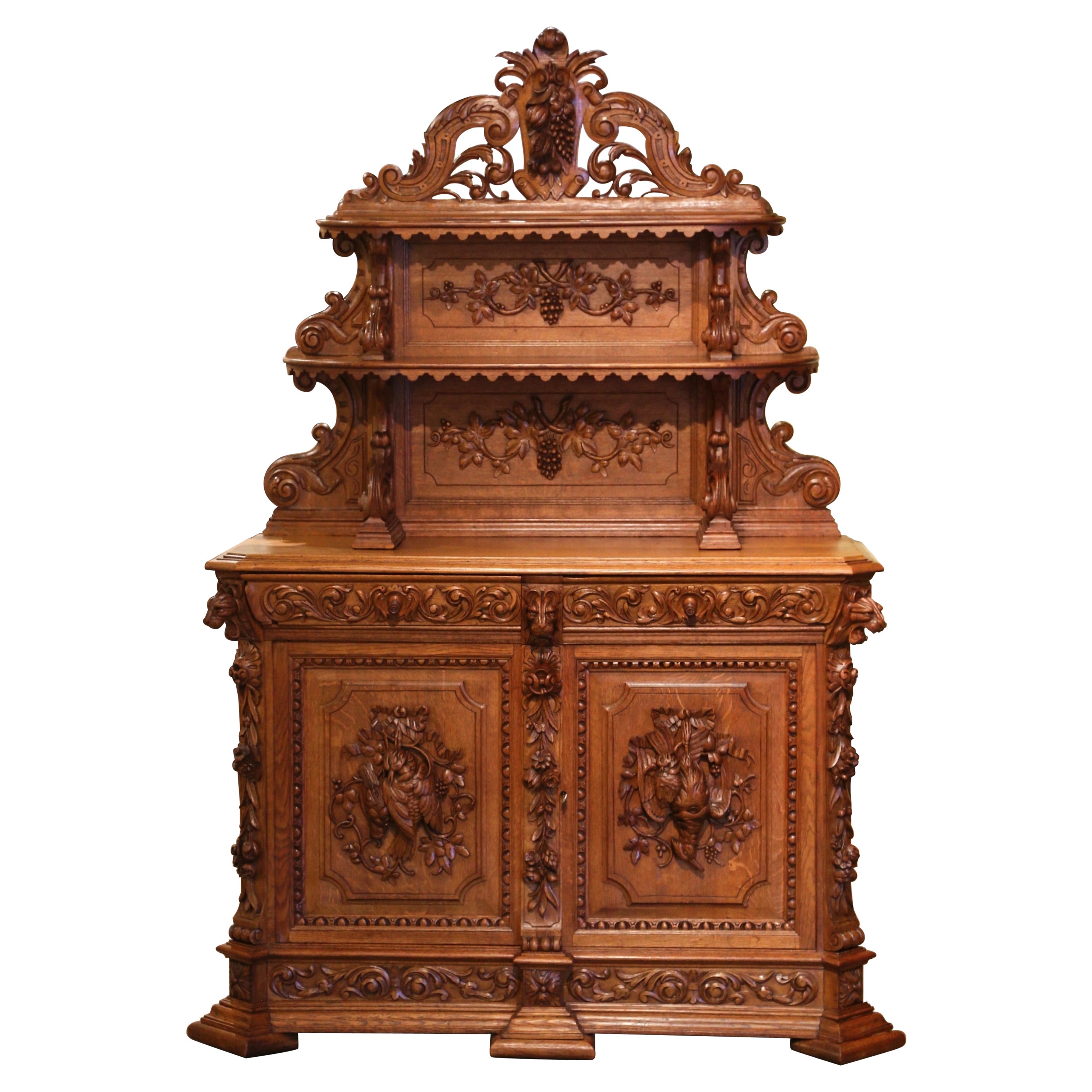 19th Century French Black Forest Carved Oak Display Buffet with Hunt ...