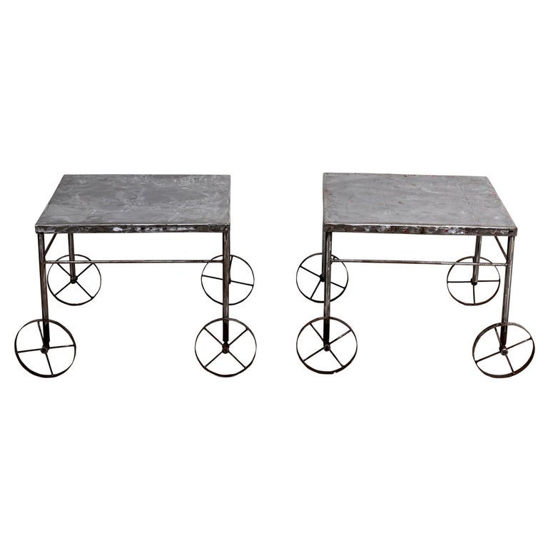 Pair of Industrial Style Metal Tables with Wheels at 1stDibs