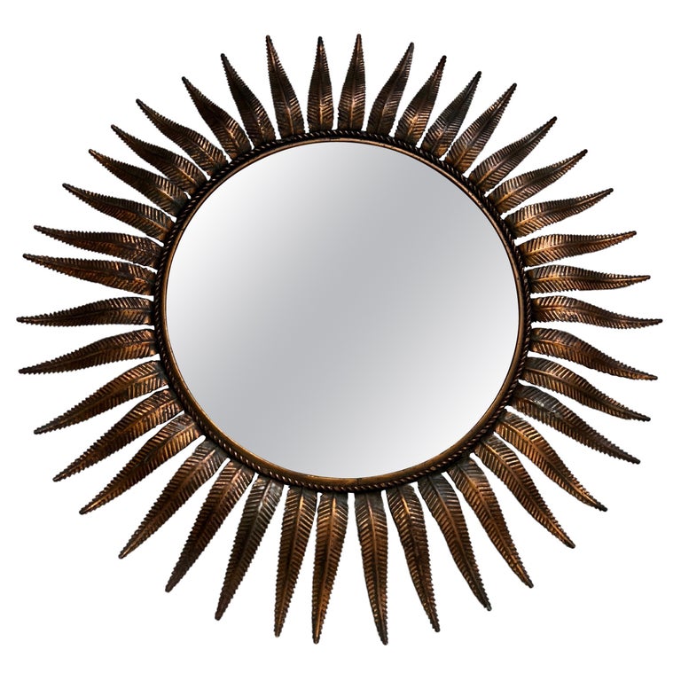 Large Round Mid-Century Modern Copper Plated Sunburst Mirror For Sale ...
