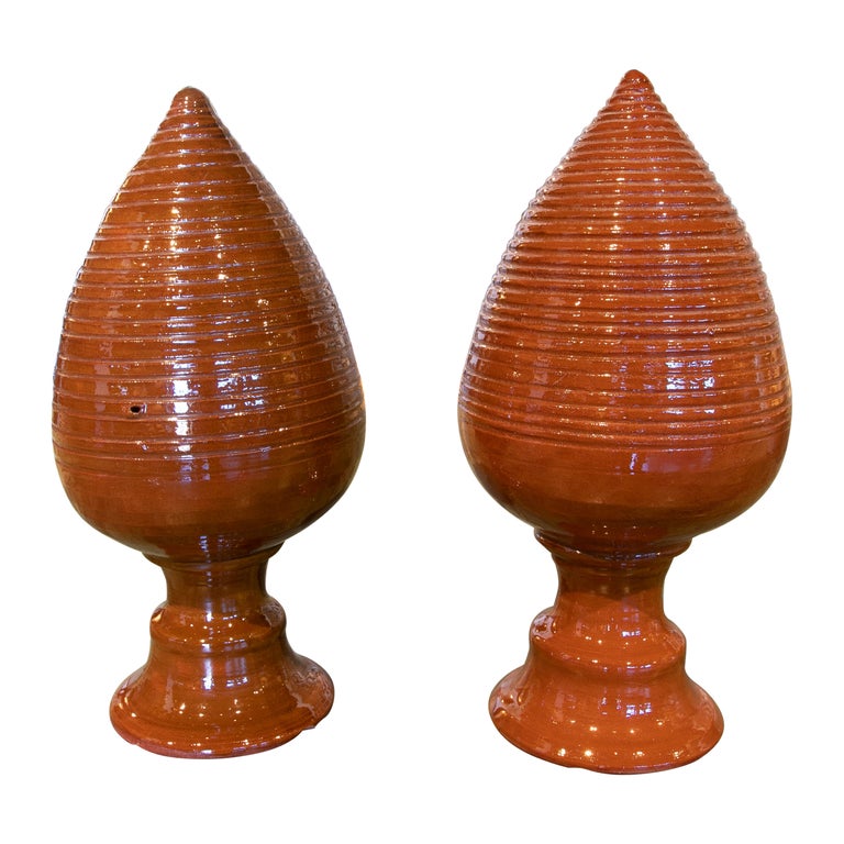 Pair of Brown Glazed Ceramic Finials with Pineapple Shape For Sale at ...