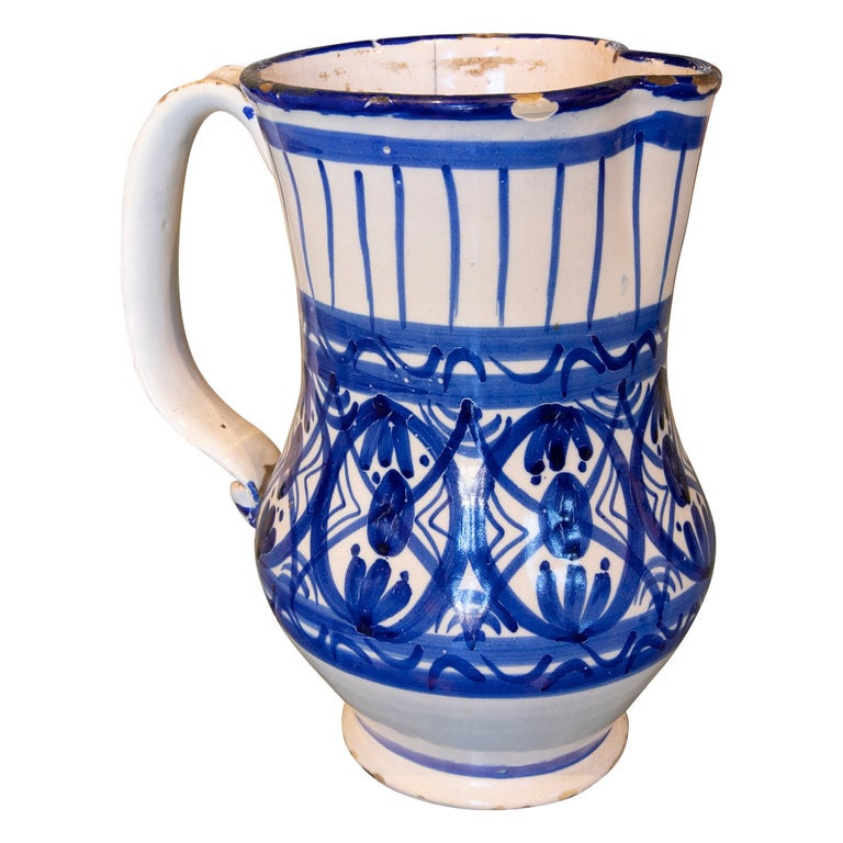 19th Century Spanish Glazed Ceramic Jug with Handle in Tones of Blue ...