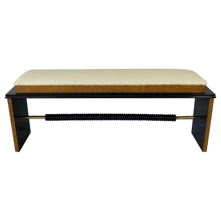 Italian Art Deco Faux Cream Leather, Maple Burl and Black Lacquer Bench ...