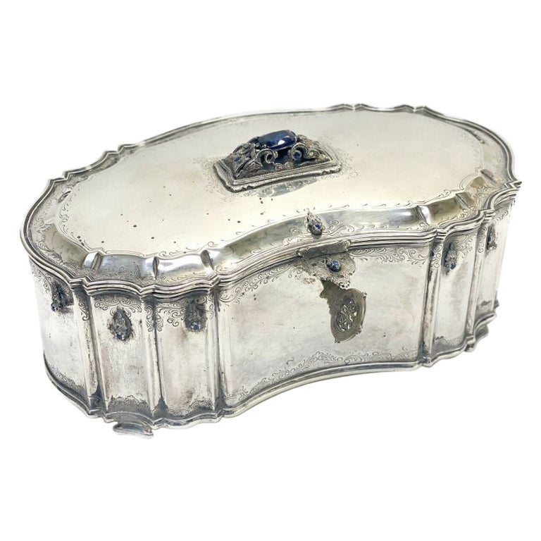 Italian 800 Silver Diamond and Sapphire Table Box with Key, 1st Half ...