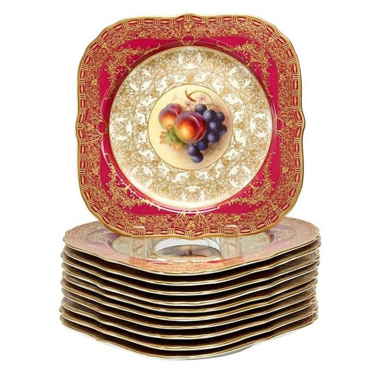 11 Royal Worcester England Square Hand Painted Fruit Plates Artist ...