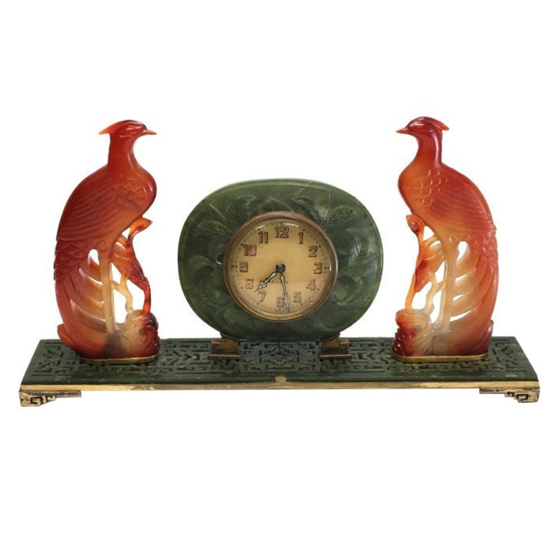 Yamanaka Art Deco Carved Jade, Agate, and Gilt Silver Desktop Clock ...