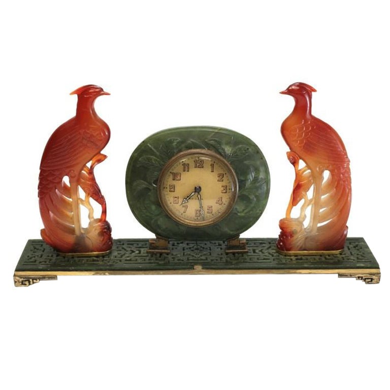 Yamanaka Art Deco Carved Jade, Agate, and Gilt Silver Desktop Clock ...