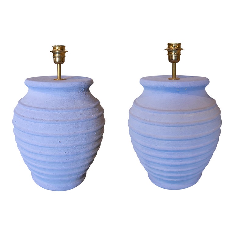 Pair of Spanish Ceramic Table Lamps Painted with Blue Lime For Sale at ...