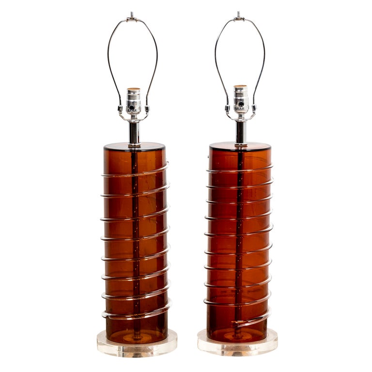 Pair of Modern Amber Glass Lamps For Sale at 1stDibs