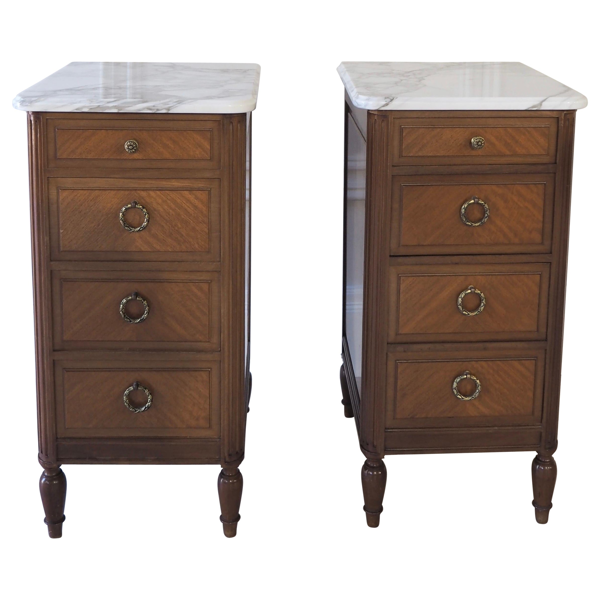 Pair of French Louis Mahogany Marble Bedside Tables at 1stDibs
