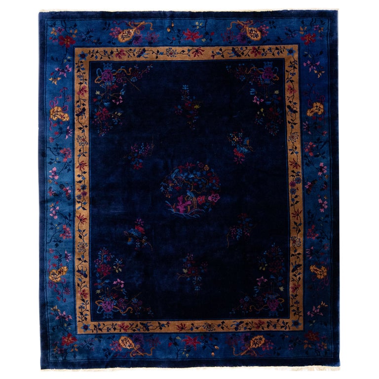 Antique Peking Handmade Chinese Blue Wool Rug with Traditional Floral ...