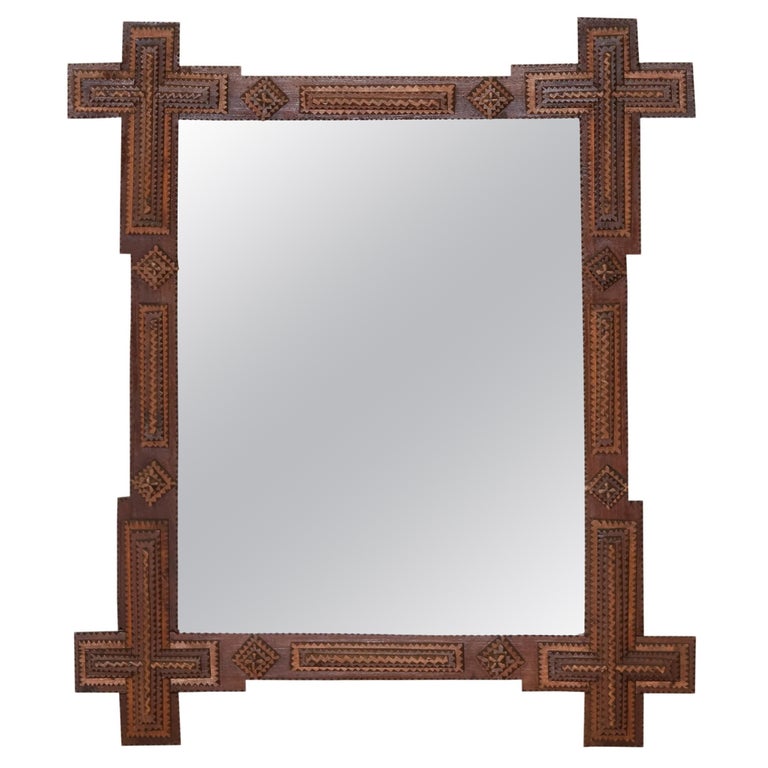 French Turn of the Century Tramp Art Mirror with Raised Geometric ...