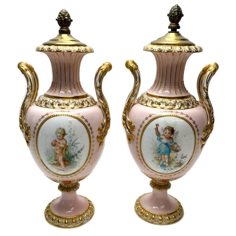 Pair of Royal Crown Derby Pink Porcelain Lidded Urn with Bronze Lids ...