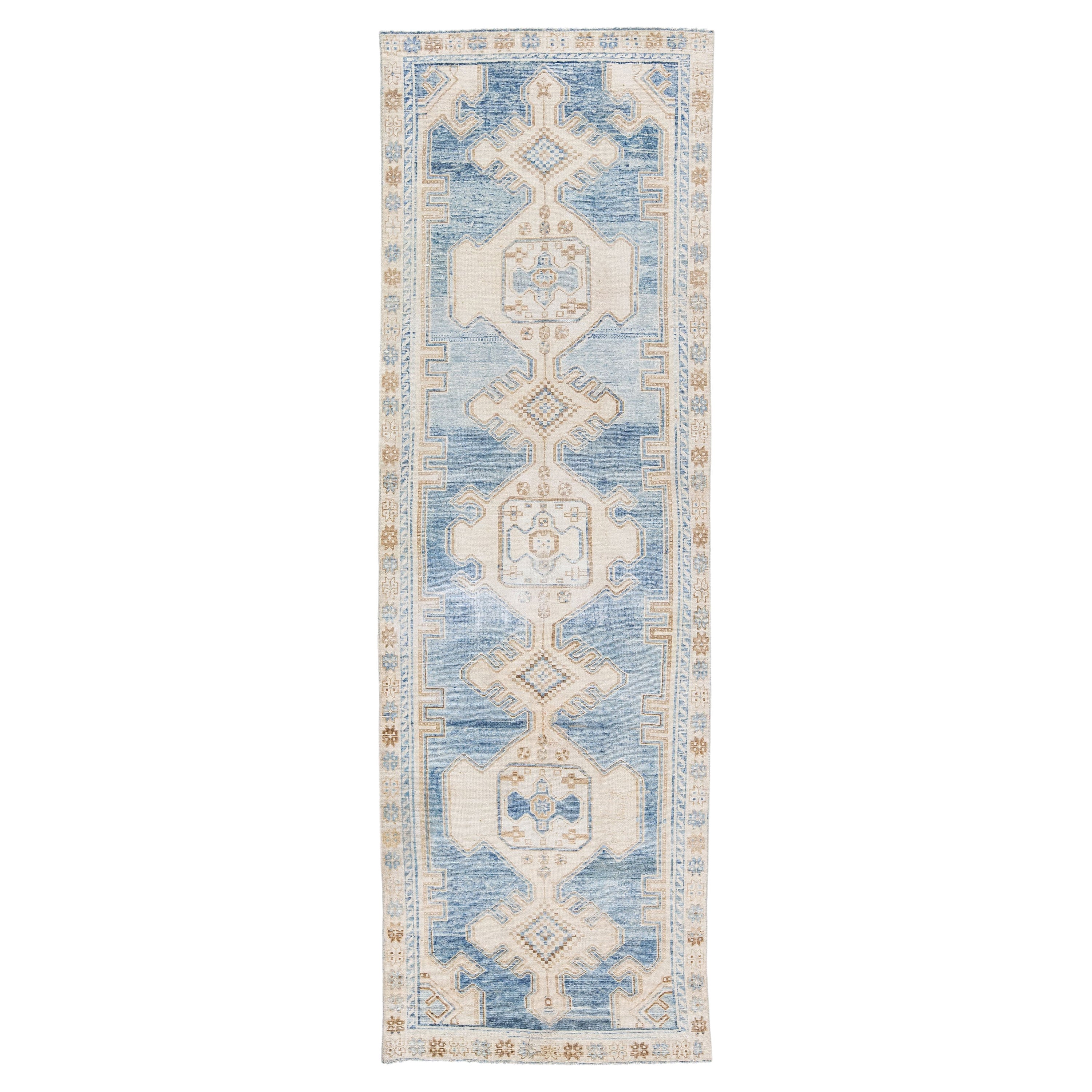 Antique Persian Heriz Handmade Blue Wool Runner with Tribal Design For ...